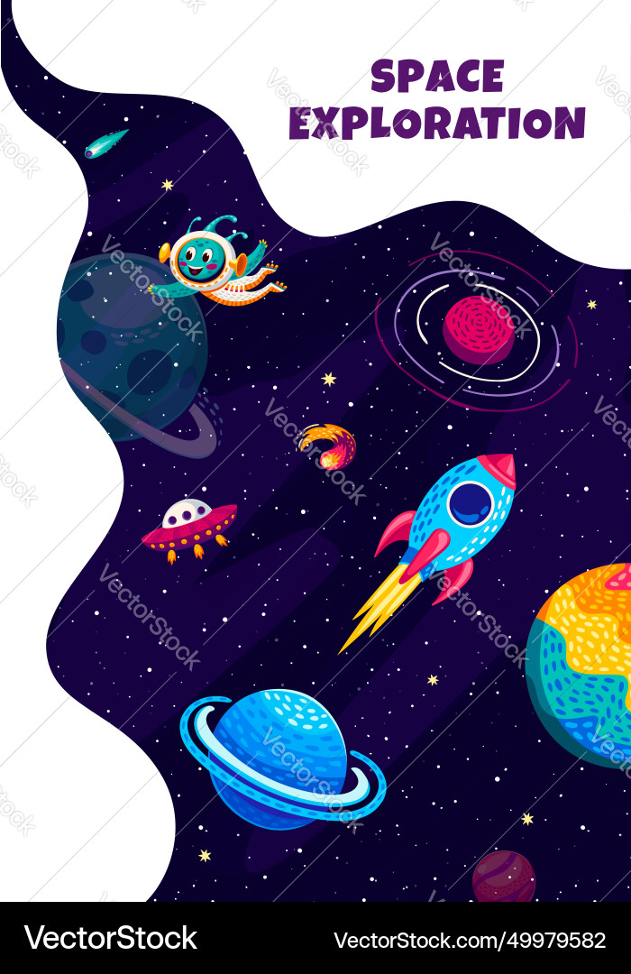 Space poster cartoon alien ufo rocket spaceship Vector Image