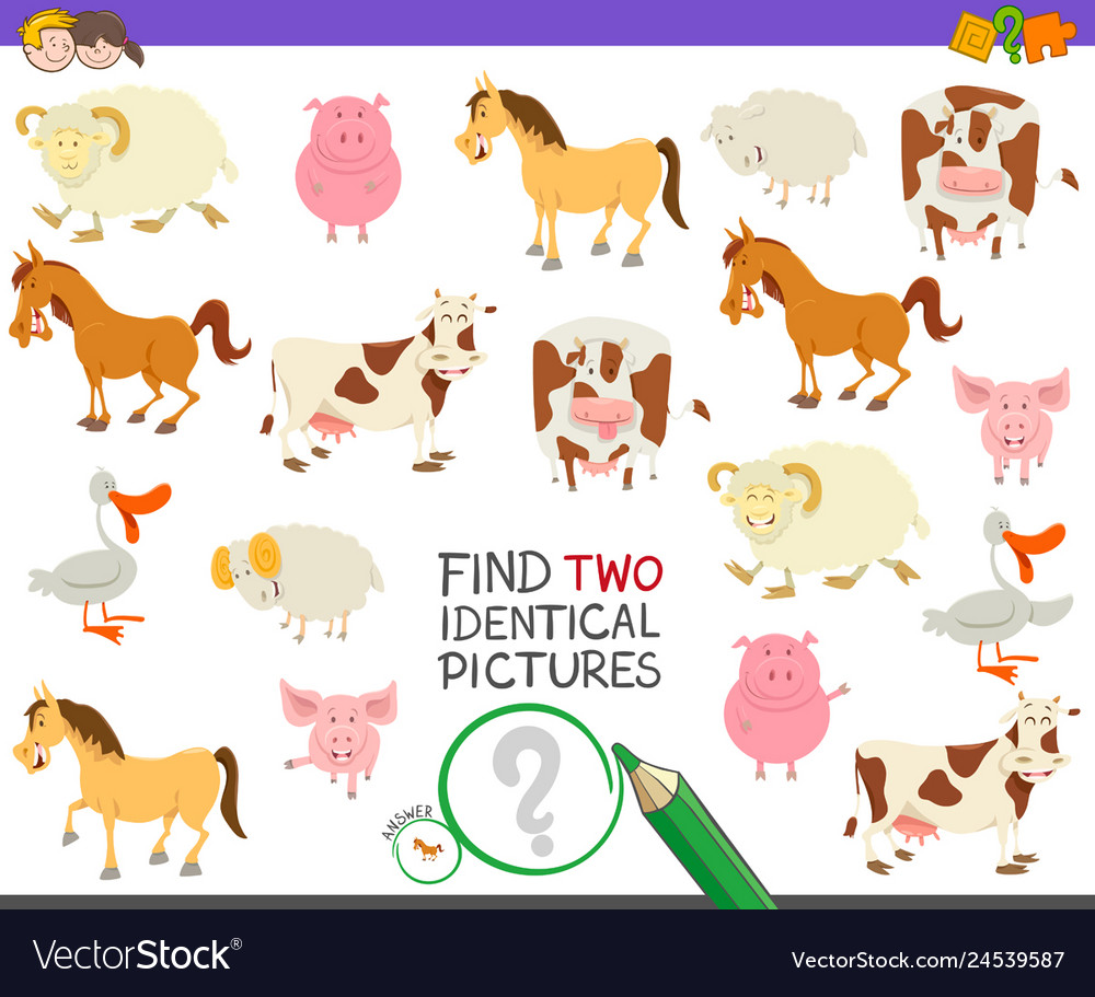 Find two identical farm animals game for kids Vector Image