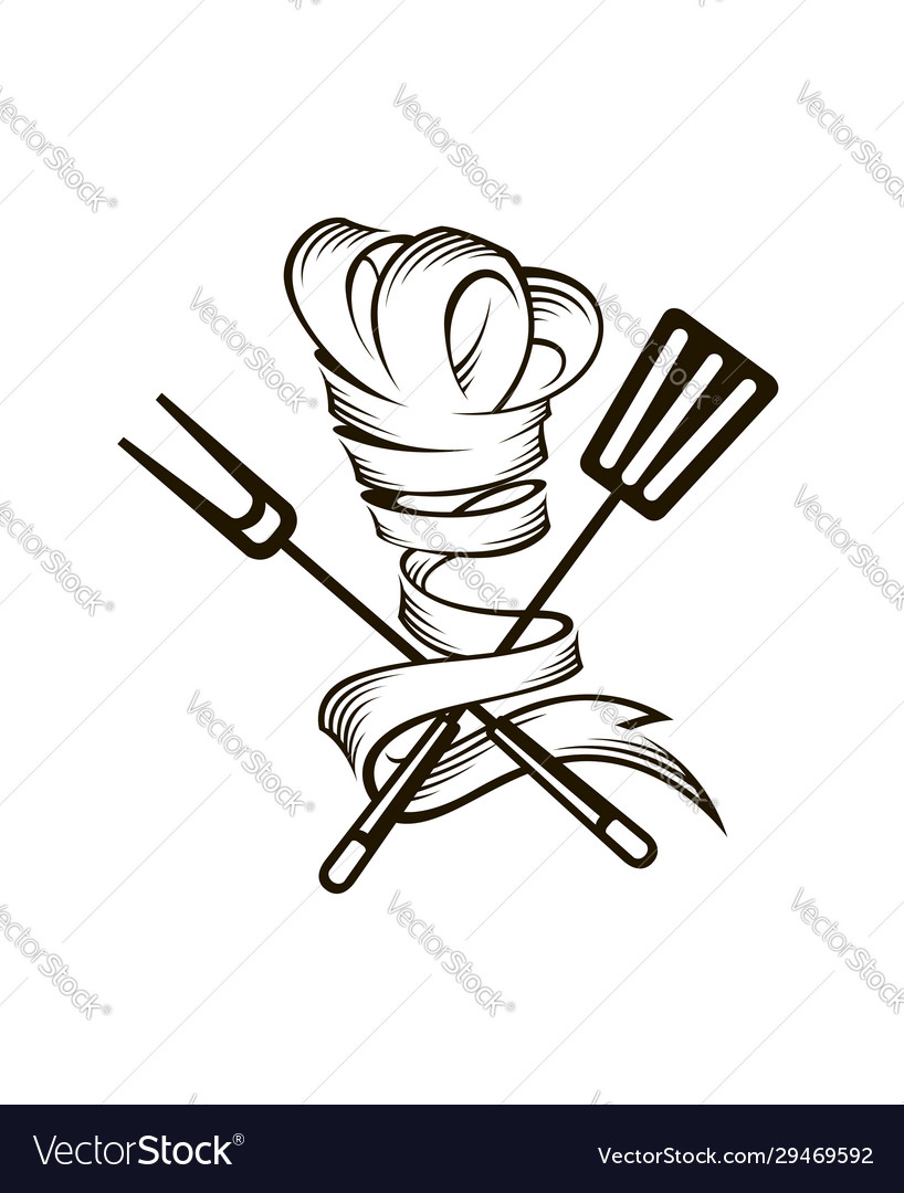 Crossed spatula fork and chef hat Royalty Free Vector Image