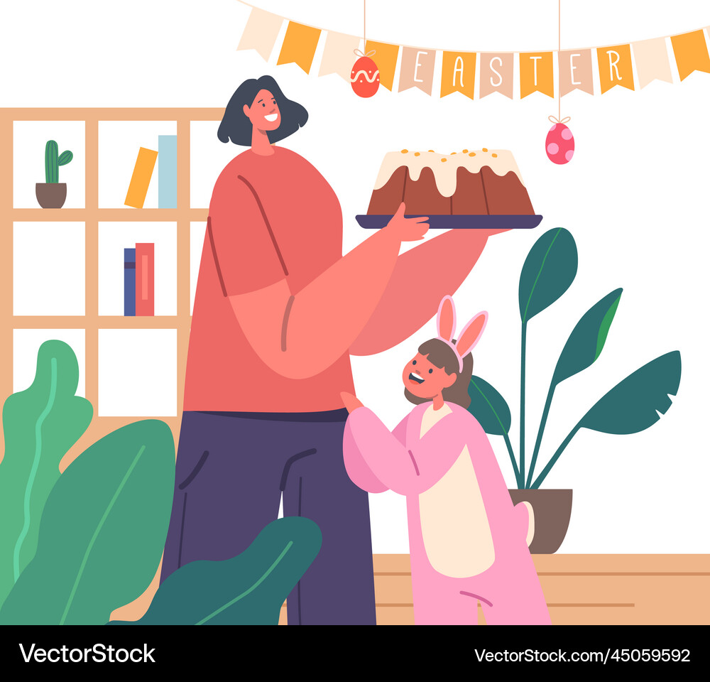Happy family prepare for easter dinner little Vector Image