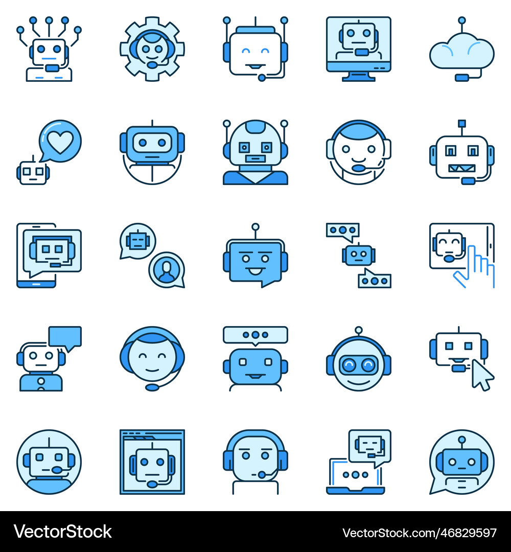 Chatbot blue icons set ai cute chatbots robots Vector Image