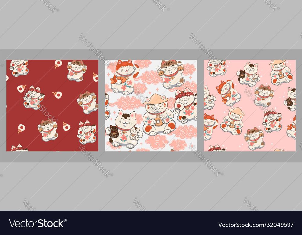 Set seamless patterns with maneki-neko Royalty Free Vector