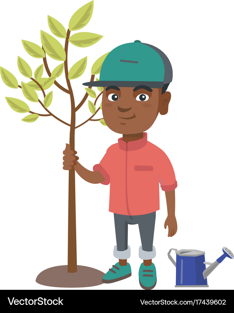 African-american smiling boy planting a tree Vector Image