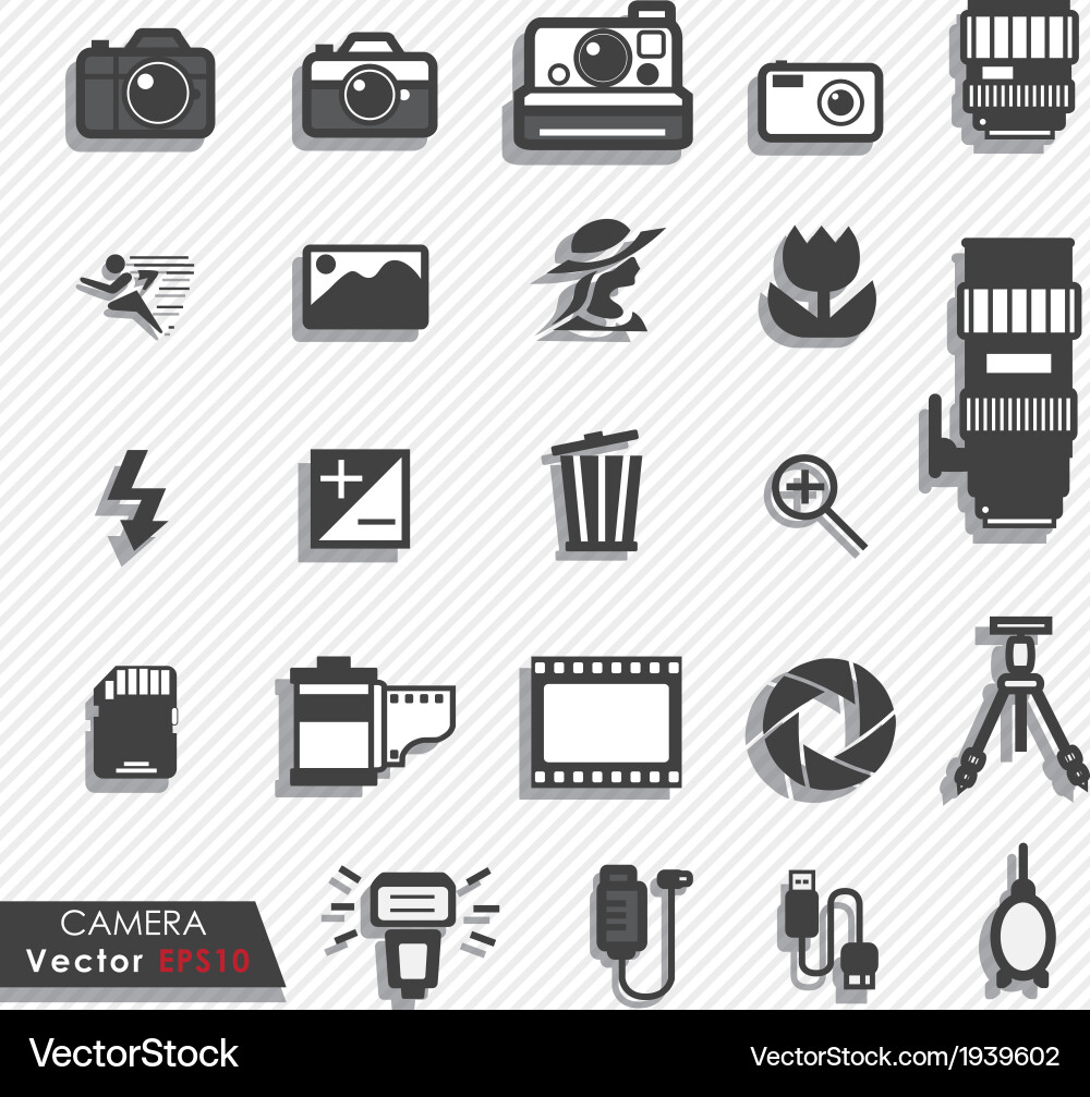 Photography camera lens icons set Royalty Free Vector Image