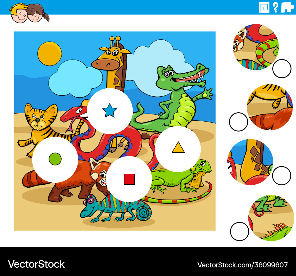 Match pieces task with cartoon animal characters Vector Image