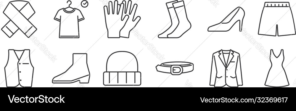 12 set linear clothes and outfit icons thin Vector Image