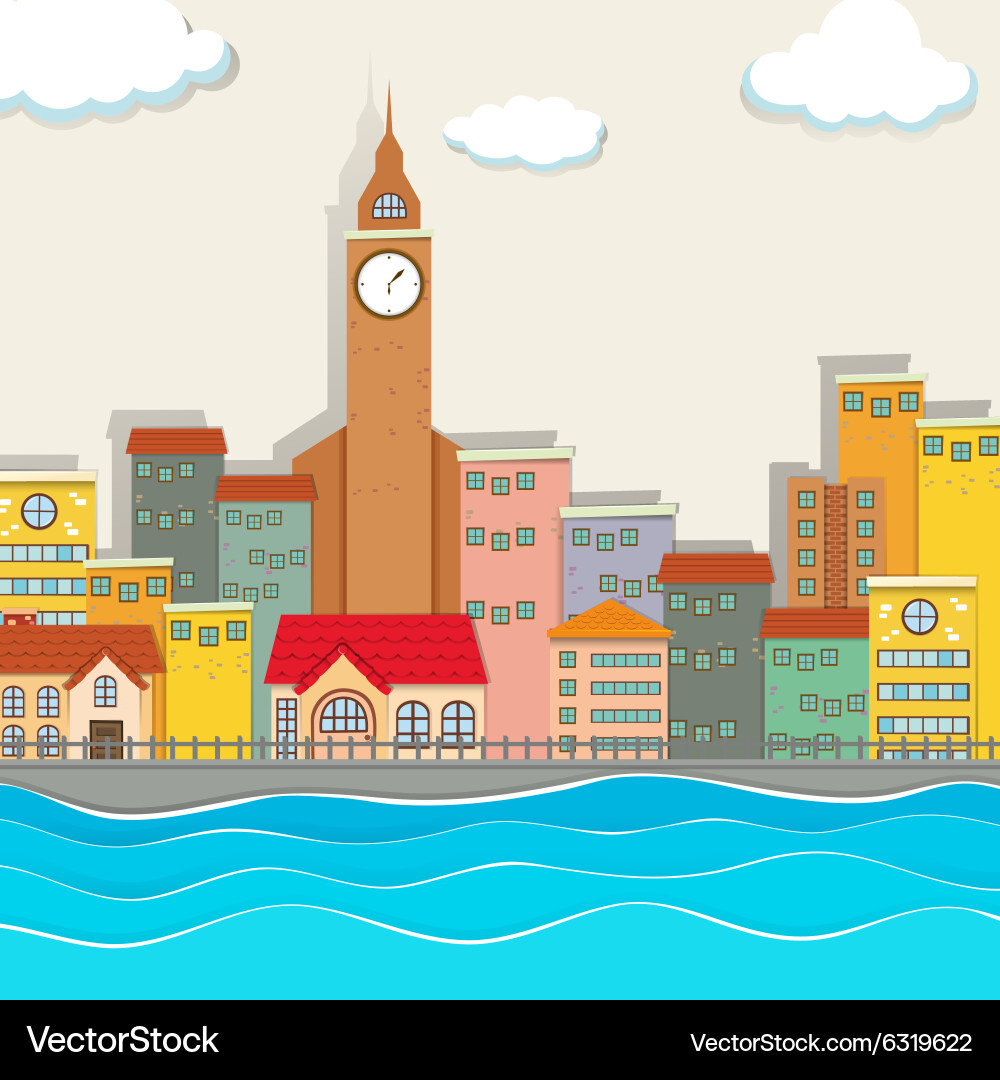 City view with clock tower and buildings Vector Image