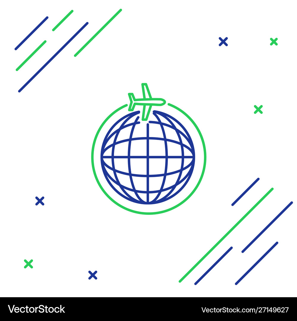 Blue and green line globe with flying plane icon Vector Image