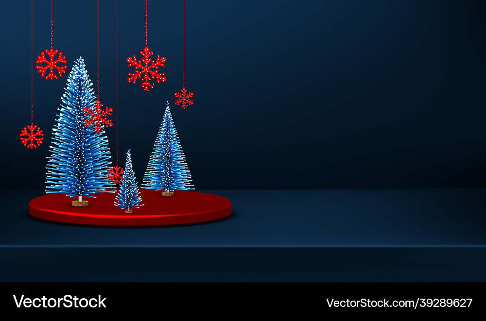 Blue spruce trees with hanging red snowflakes Vector Image