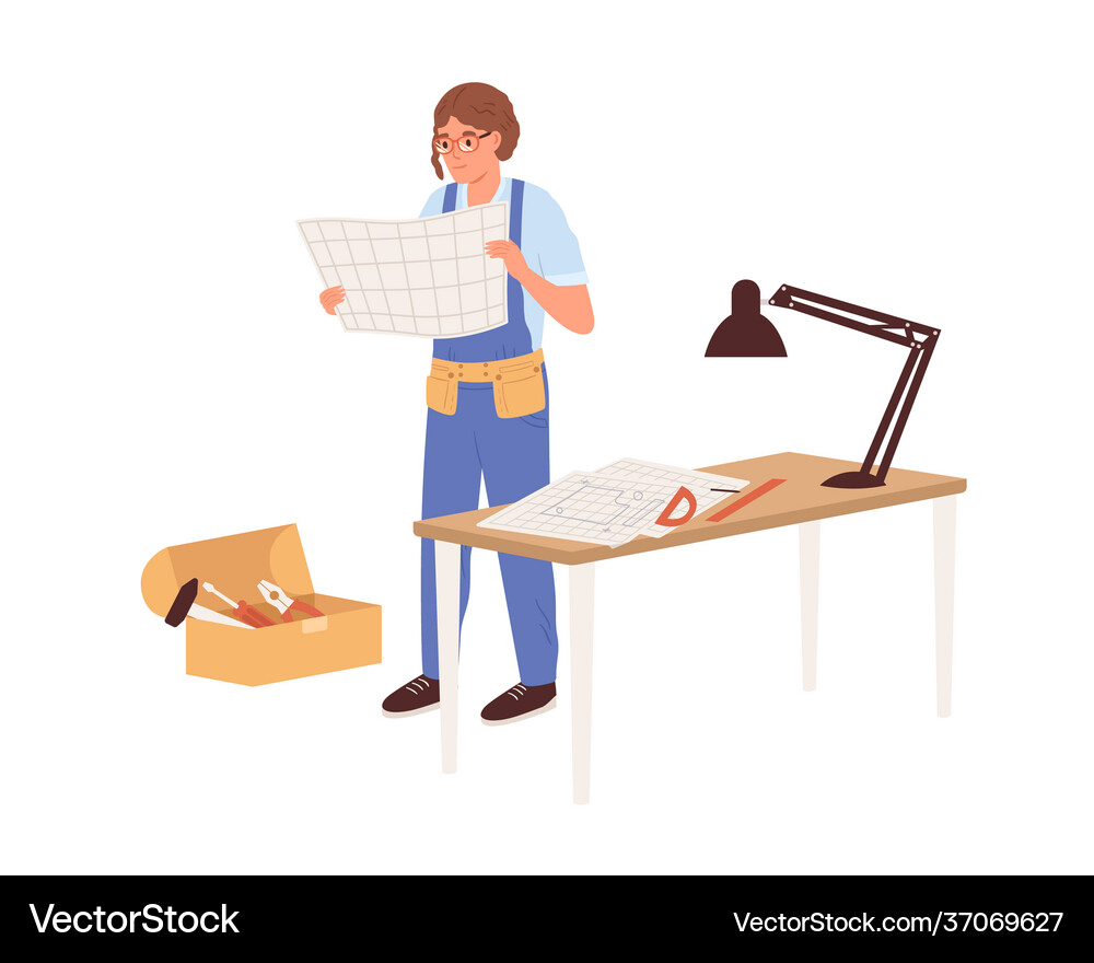 Female worker in uniform looking at drawing Vector Image