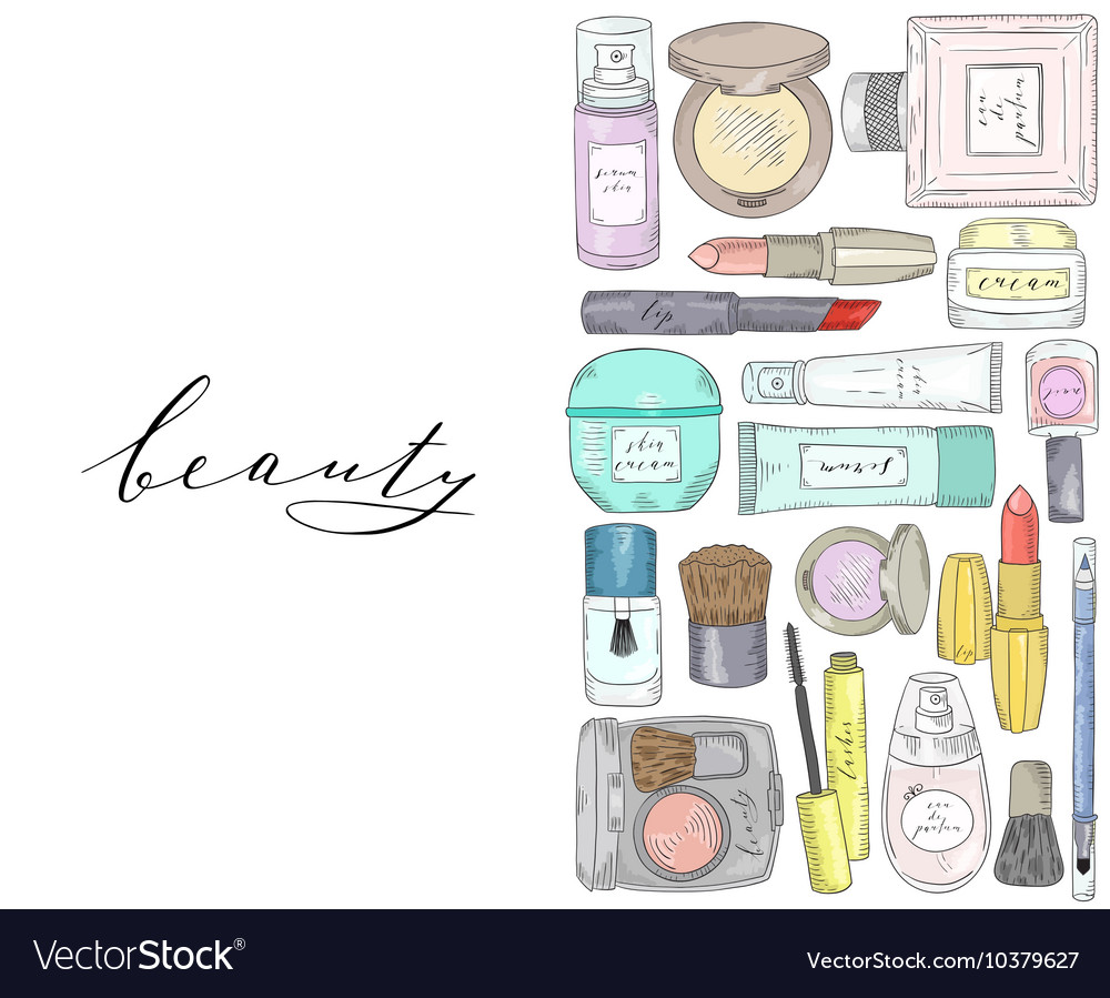 Hand Drawn Cosmetics Set Beauty And Makeup Vector Image