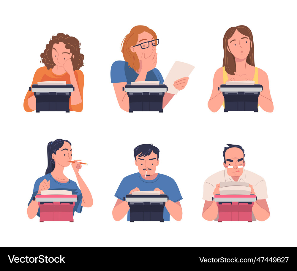 People writer character at typewriter writing book