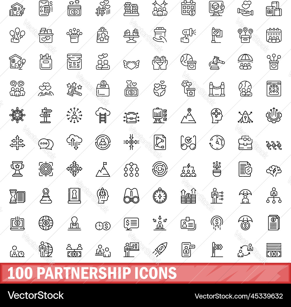 100 partnership icons set outline style Royalty Free Vector