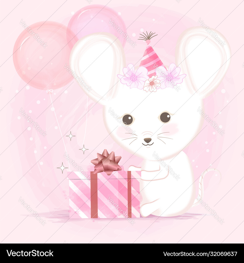 Cute mouse and gift box with balloons hand drawn Vector Image