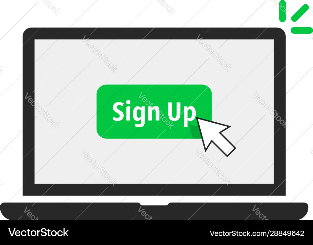 Green sign up button on laptop screen Royalty Free Vector
