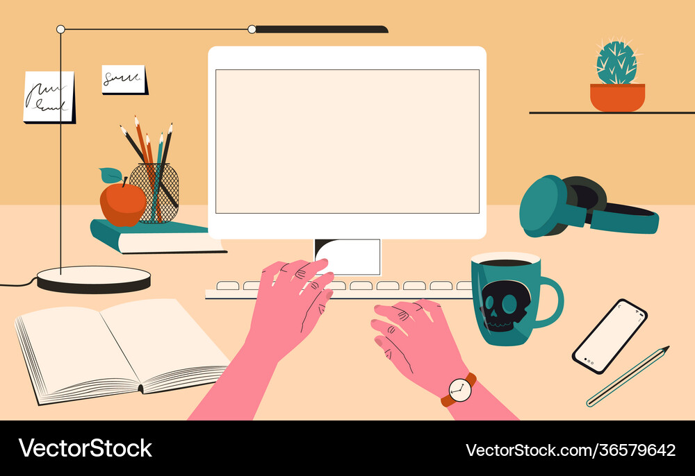 Male hands in front a computer monitor Royalty Free Vector