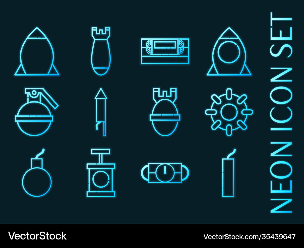 Set bomb blue glowing neon icons Royalty Free Vector Image