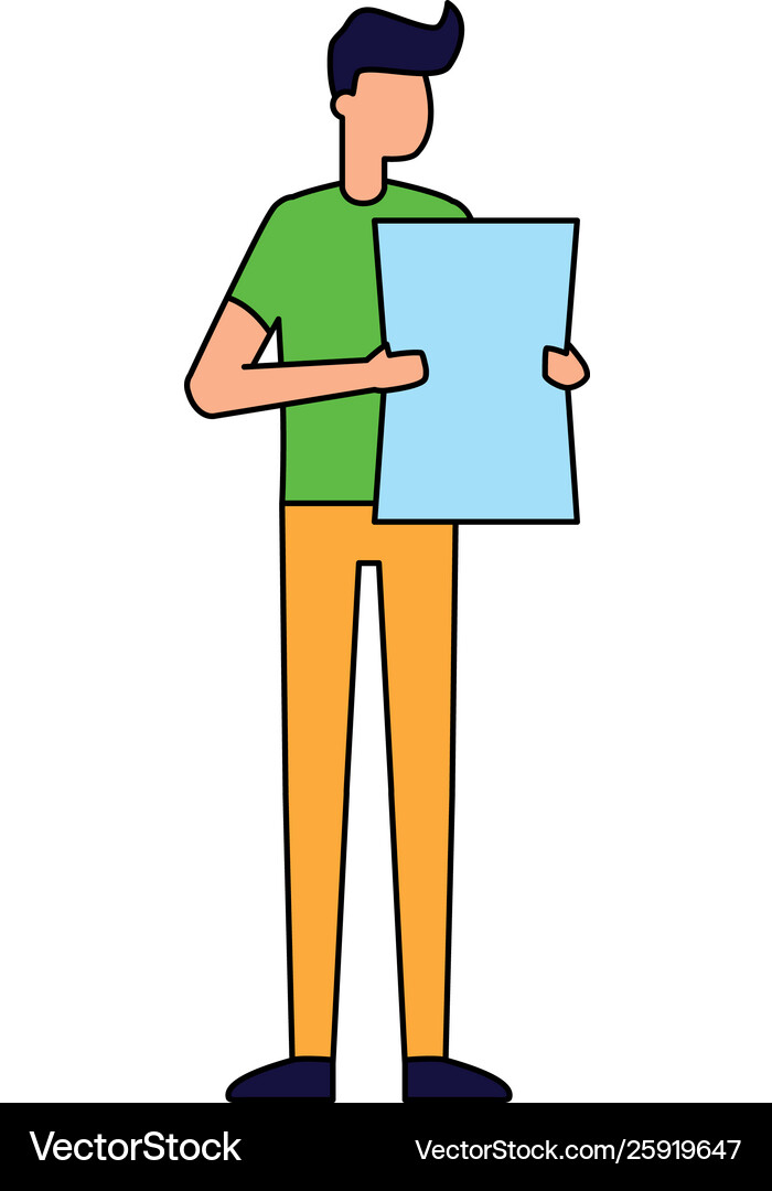Young man holding paper on white background Vector Image