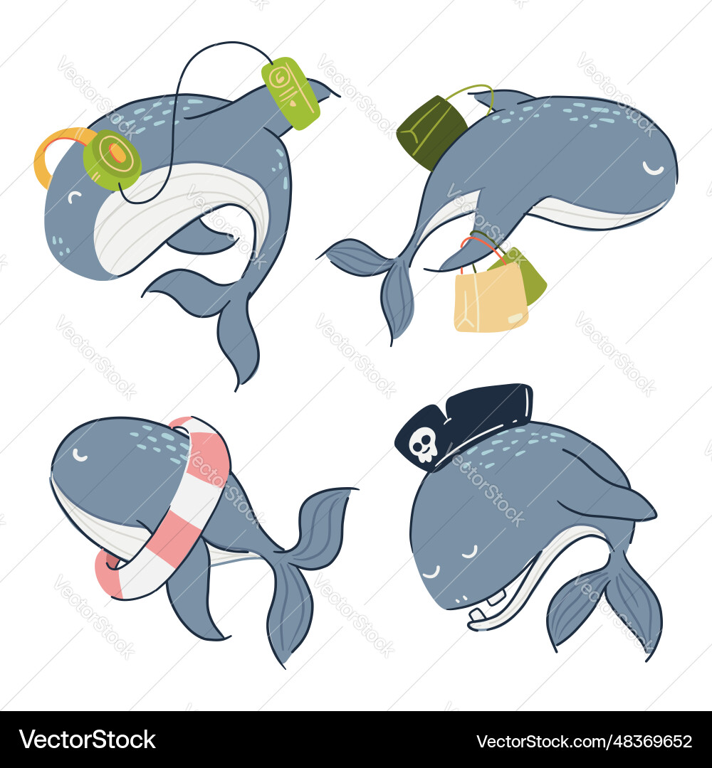 Cute whale cartoon characters hand drawn style Vector Image