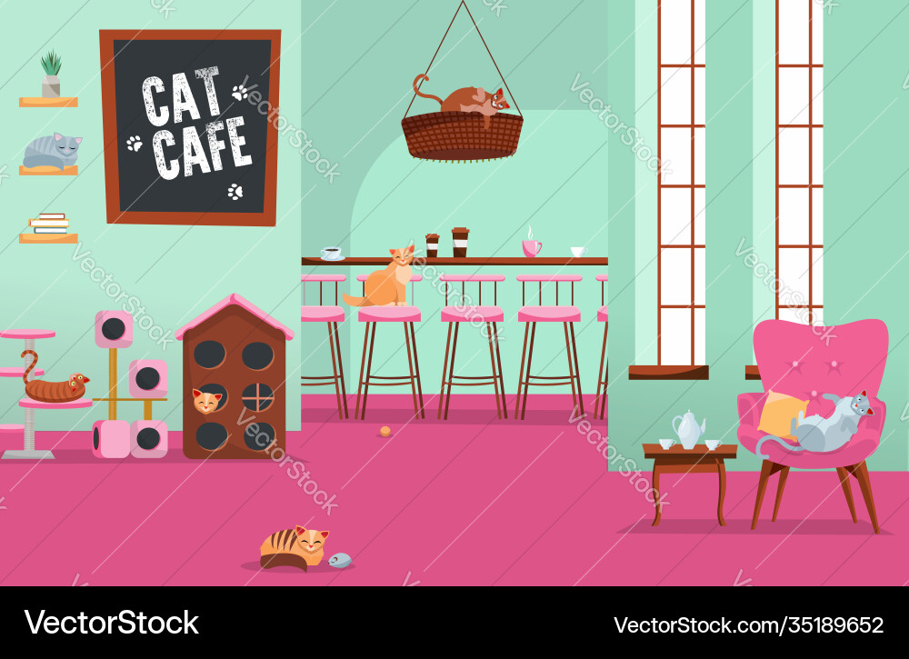 Interior cat cafe cozy place with many cats Vector Image