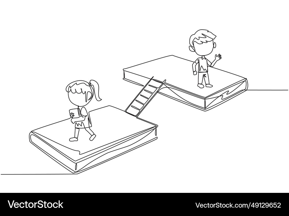 Single one line drawing kids walking on books Vector Image
