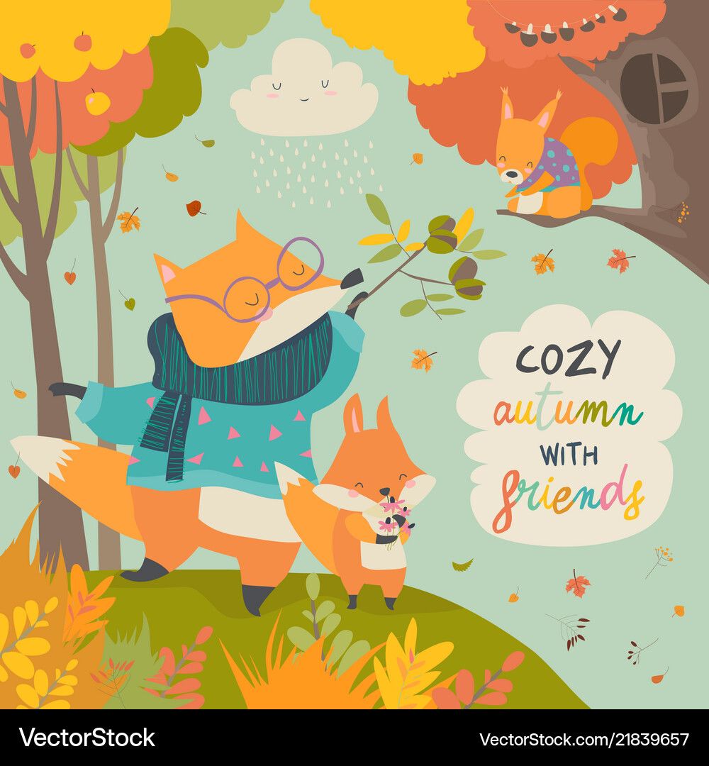 Red fox father and son in autumn forest Royalty Free Vector