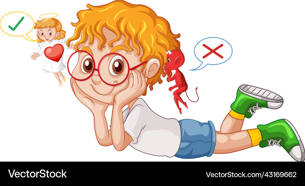 Cartoon character with devil and angel fighting Vector Image