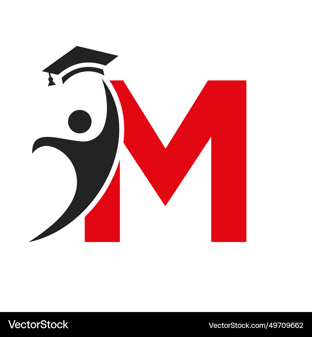 Education logo on letter m with graduation hat Vector Image