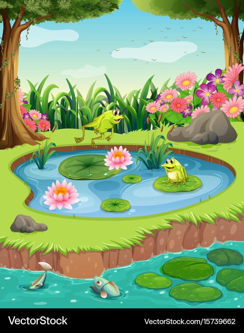 Frogs and fish in the pond Royalty Free Vector Image