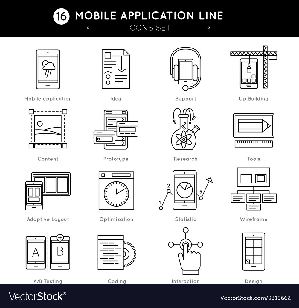 Mobile application line icon set Royalty Free Vector Image