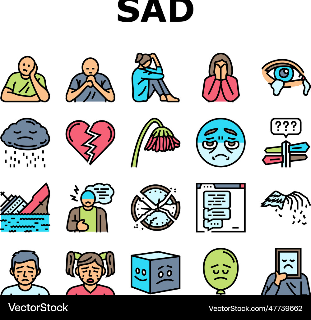 Sad mood emotion face icons set Royalty Free Vector Image