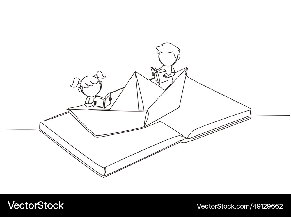 Single one line drawing the kids reading a book Vector Image