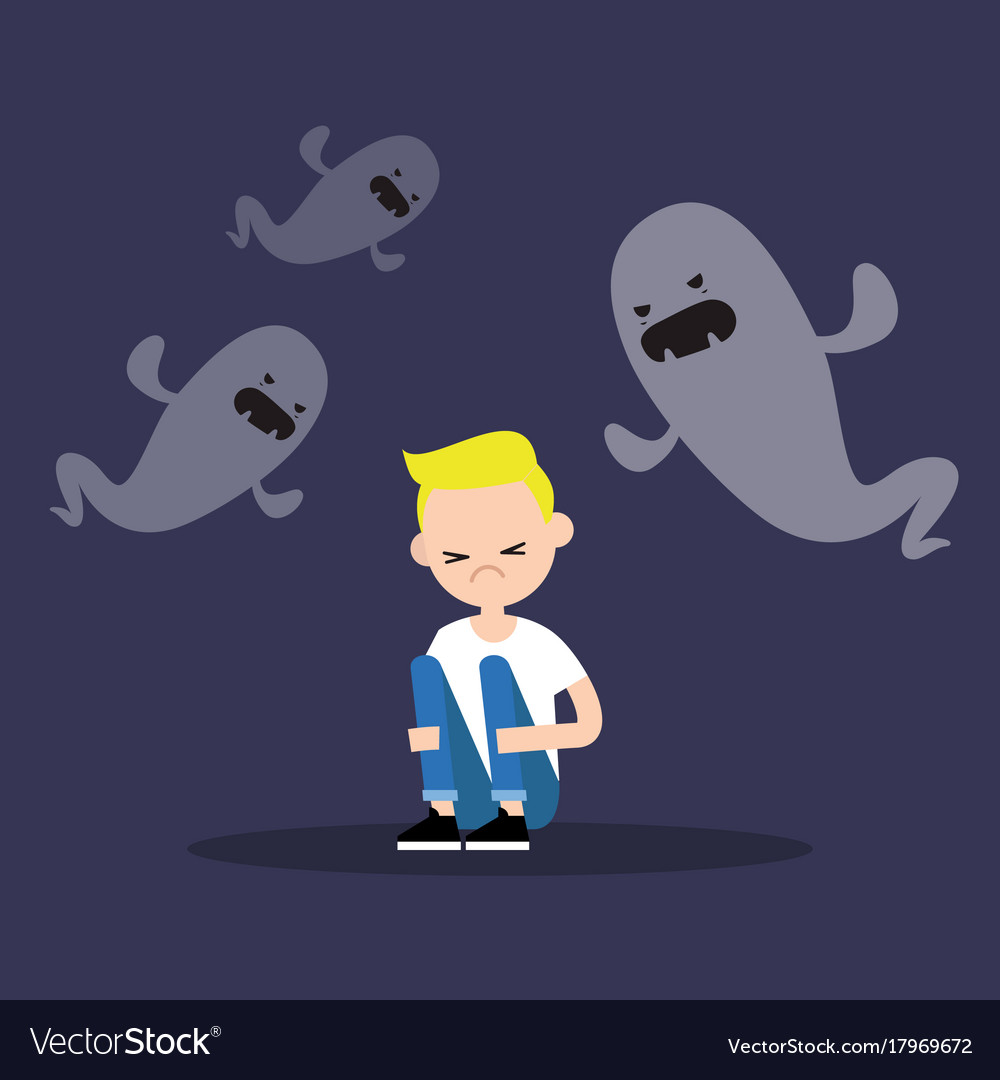 Scared blond boy surrounded by ghosts flat Vector Image