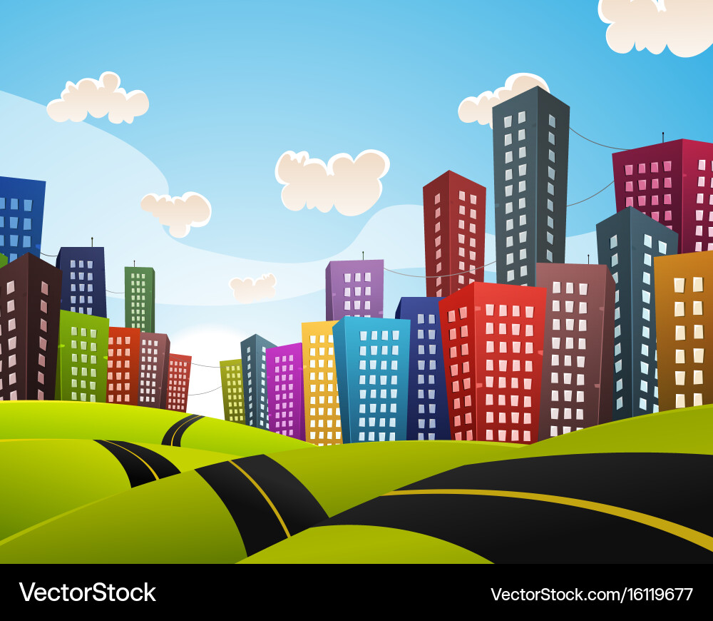Cartoon downtown road landscape Royalty Free Vector Image