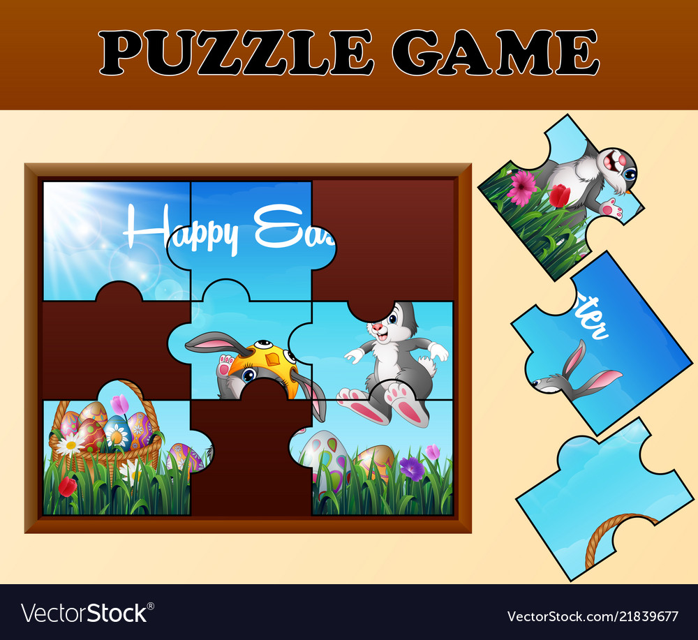 Jigsaw puzzle game with happy easter bunnies Vector Image