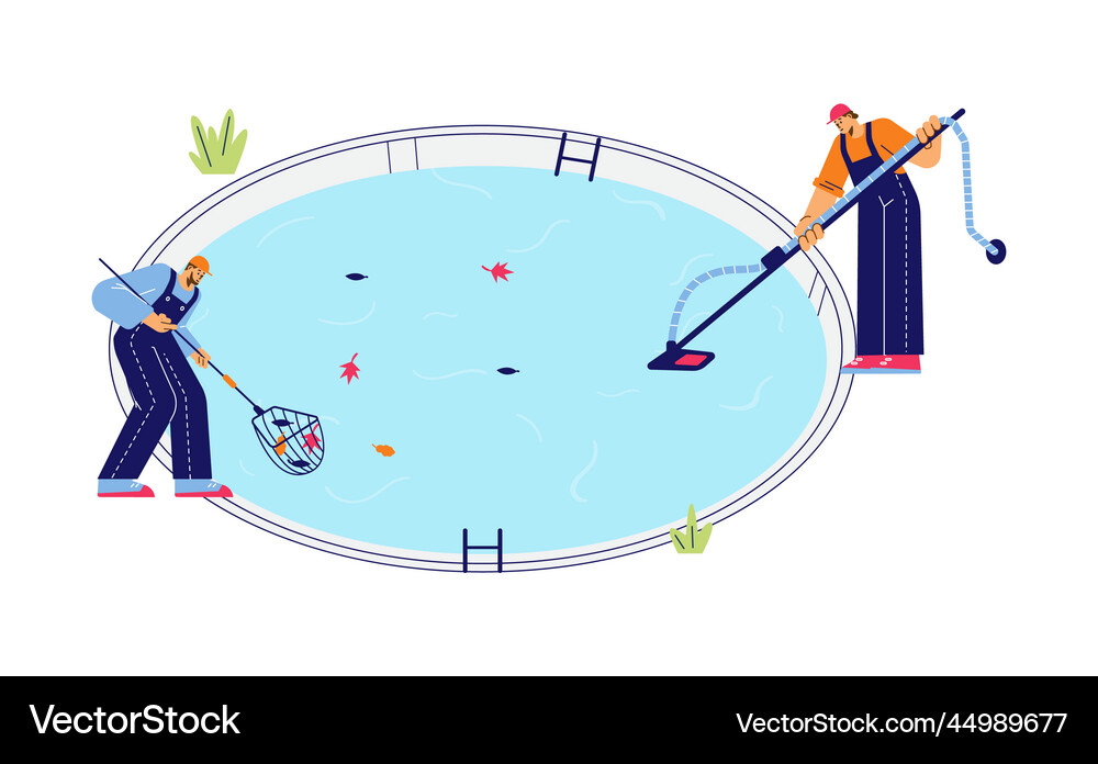 Men cleaning pool with net and pool vacuum cleaner