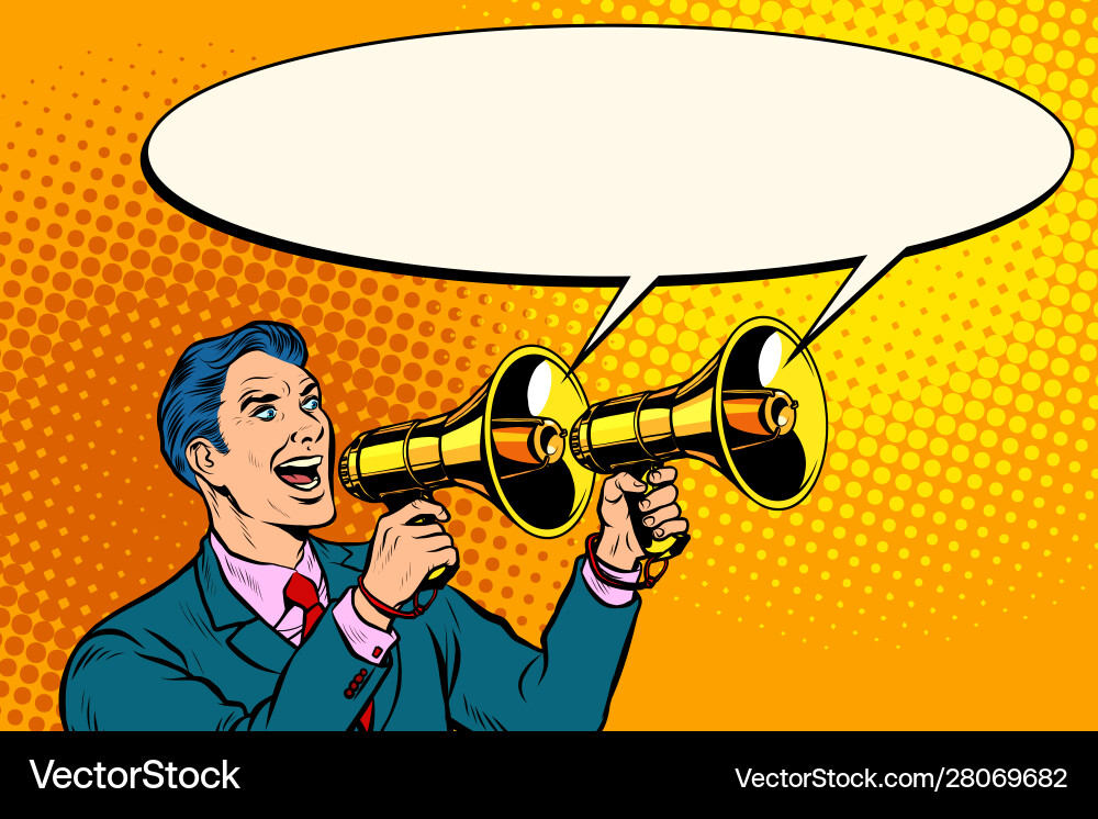Businessman with a megaphone announcement Vector Image