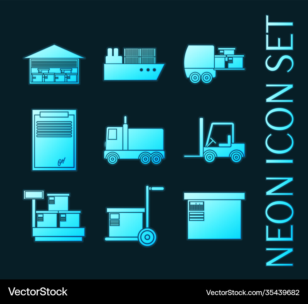 Set glowing neon style delivery icons Royalty Free Vector