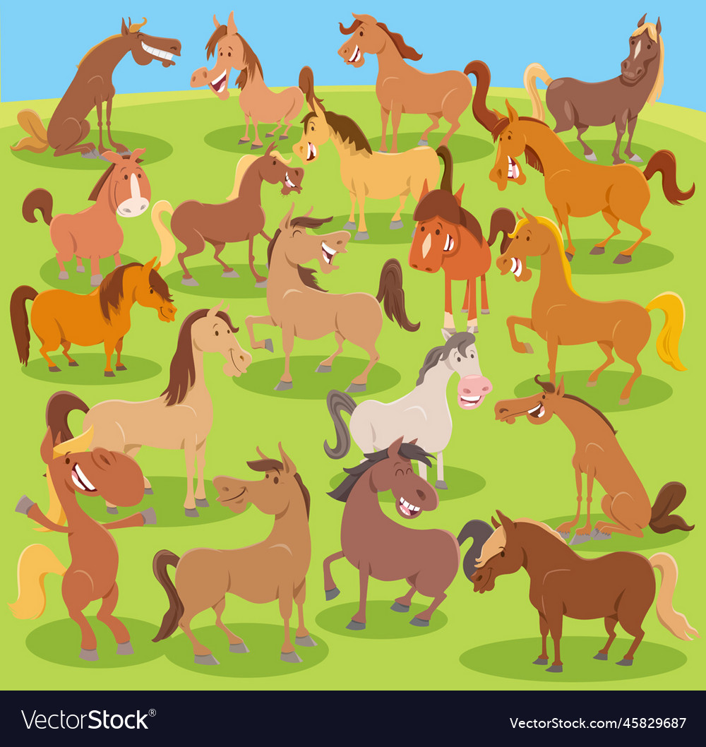 Cartoon horses farm animals comic characters group