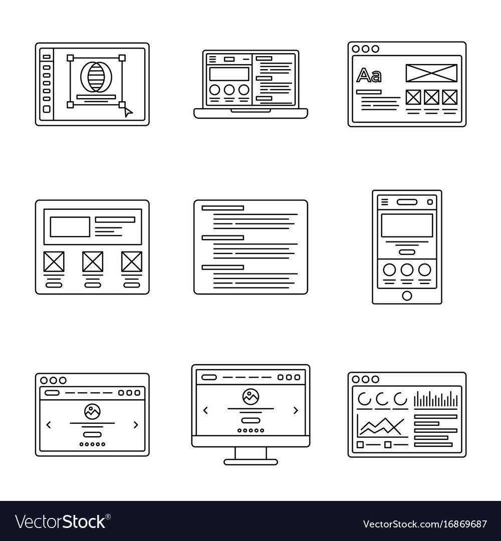 Web development and wireframes line icons set Vector Image