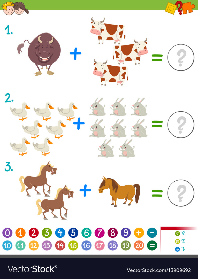 Addition maths activity with animals Royalty Free Vector
