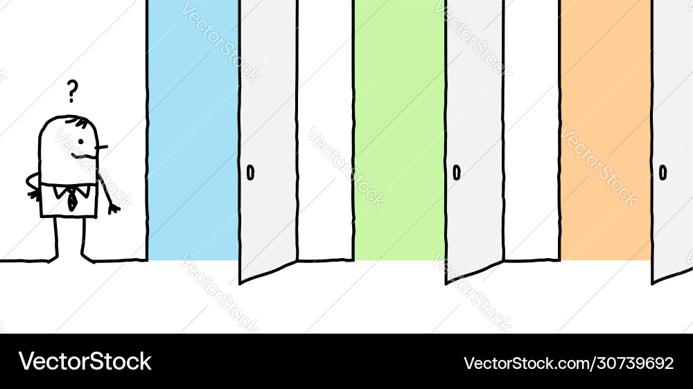 Cartoon businessman hesitating front three Vector Image