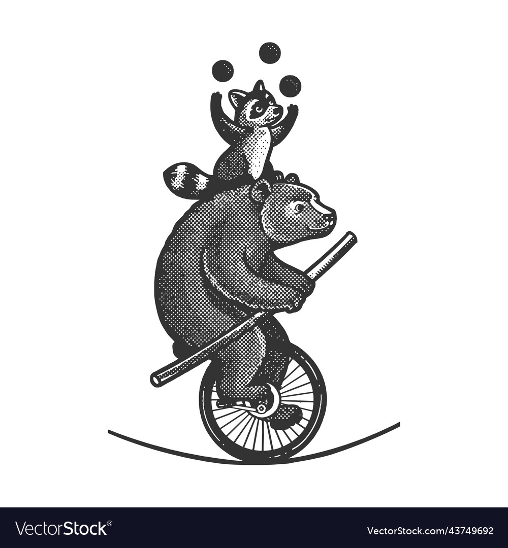 Circus Bear With Raccoon On Unicycle Sketch Vector Image