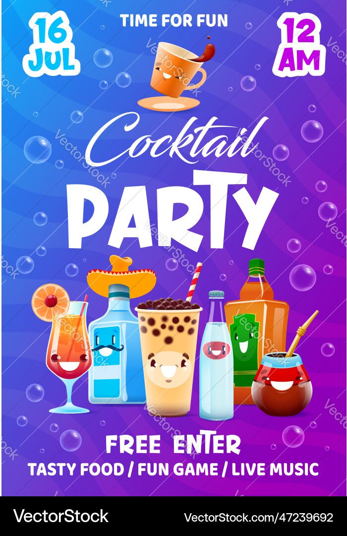 Cocktail party flyer cartoon drinks characters Vector Image