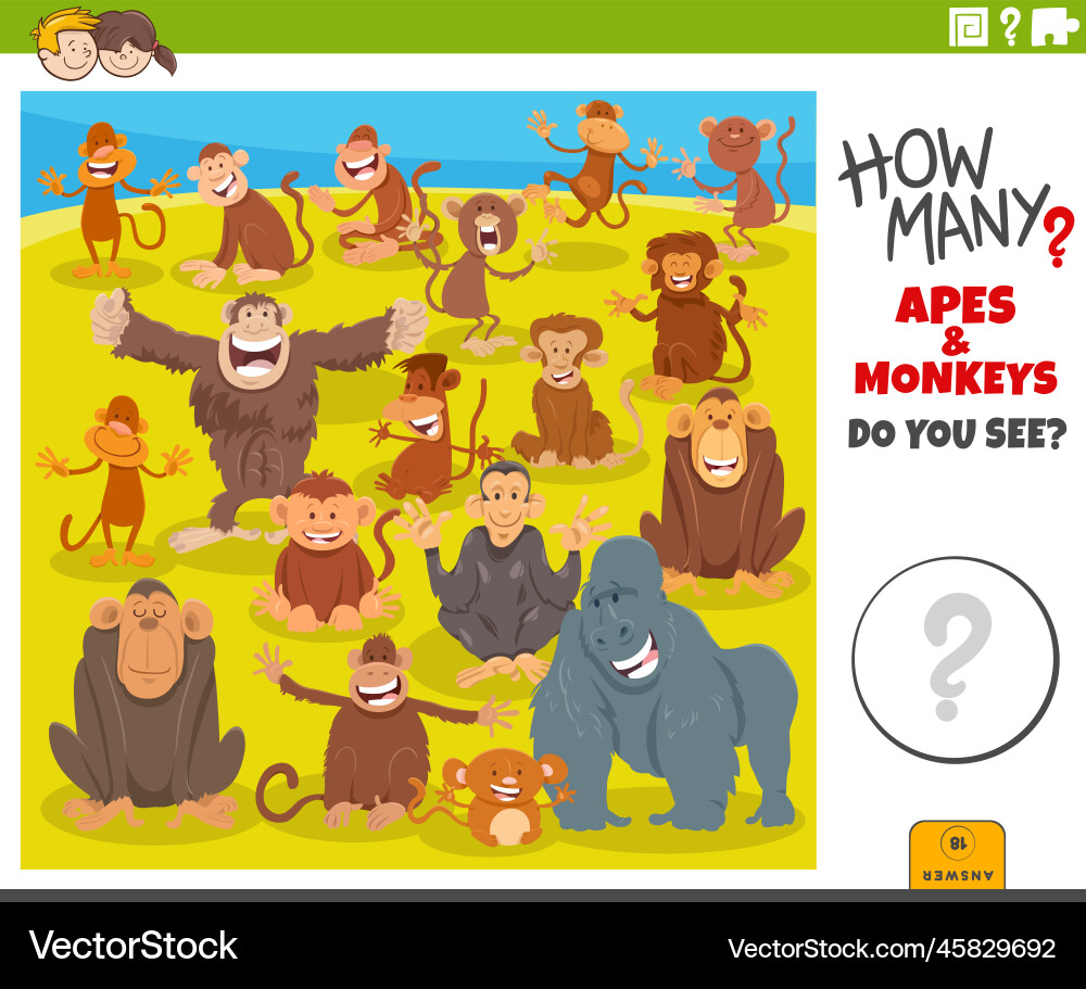 Counting cartoon monkeys and apes game Royalty Free Vector