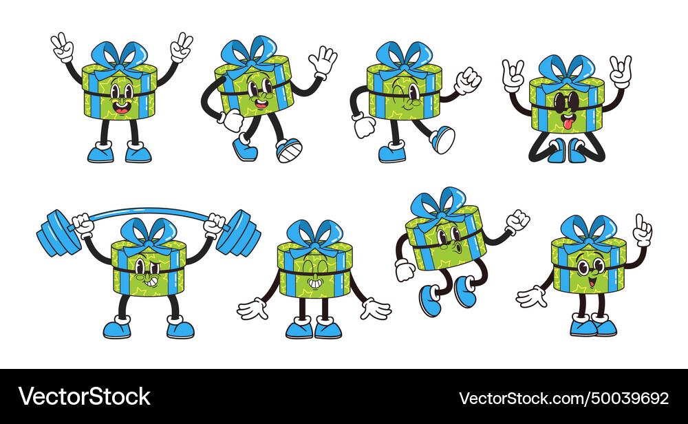 Groovy gift box characters set vibrant and lively Vector Image