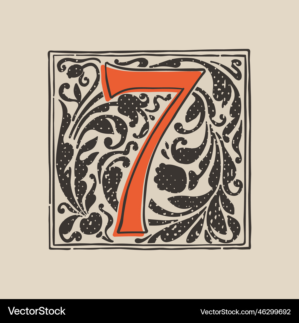 Number seven drop cap logo in medieval engraving Vector Image