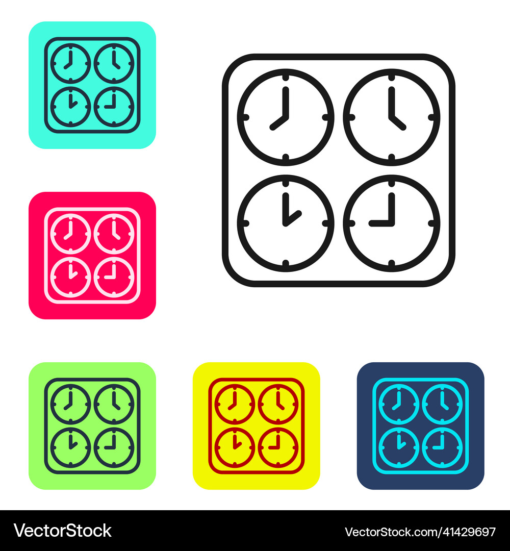 Black line time zone clocks icon isolated on white