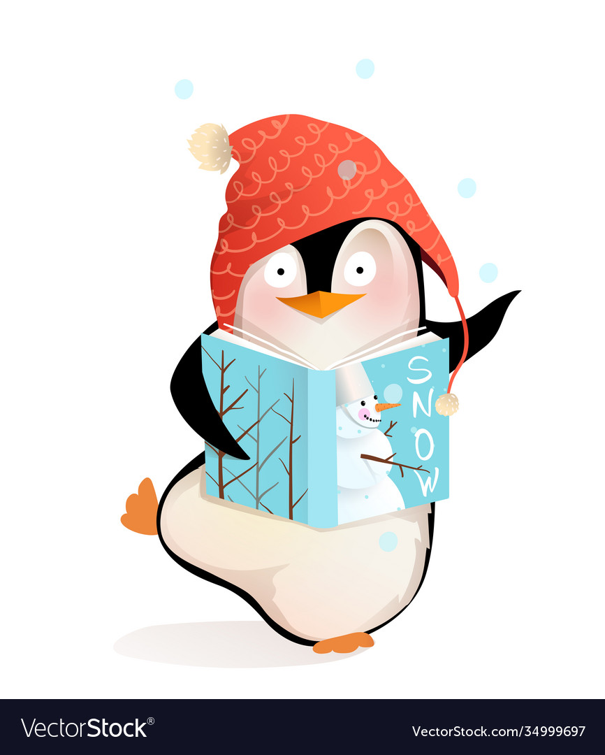 Penguin reading book about winter snowman for kids