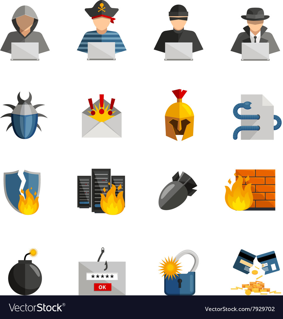 Hacker flat color icons set Royalty Free Vector Image